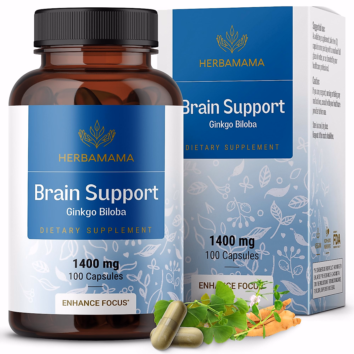 HERBAMAMA Brain Support Capsules - 1400mg Energy and Brain Support Supplement for Adults with Bacopa, Panax Ginseng and Ginkgo Biloba - Vegan, Non-GMO Focus Supplement, 100 Caps