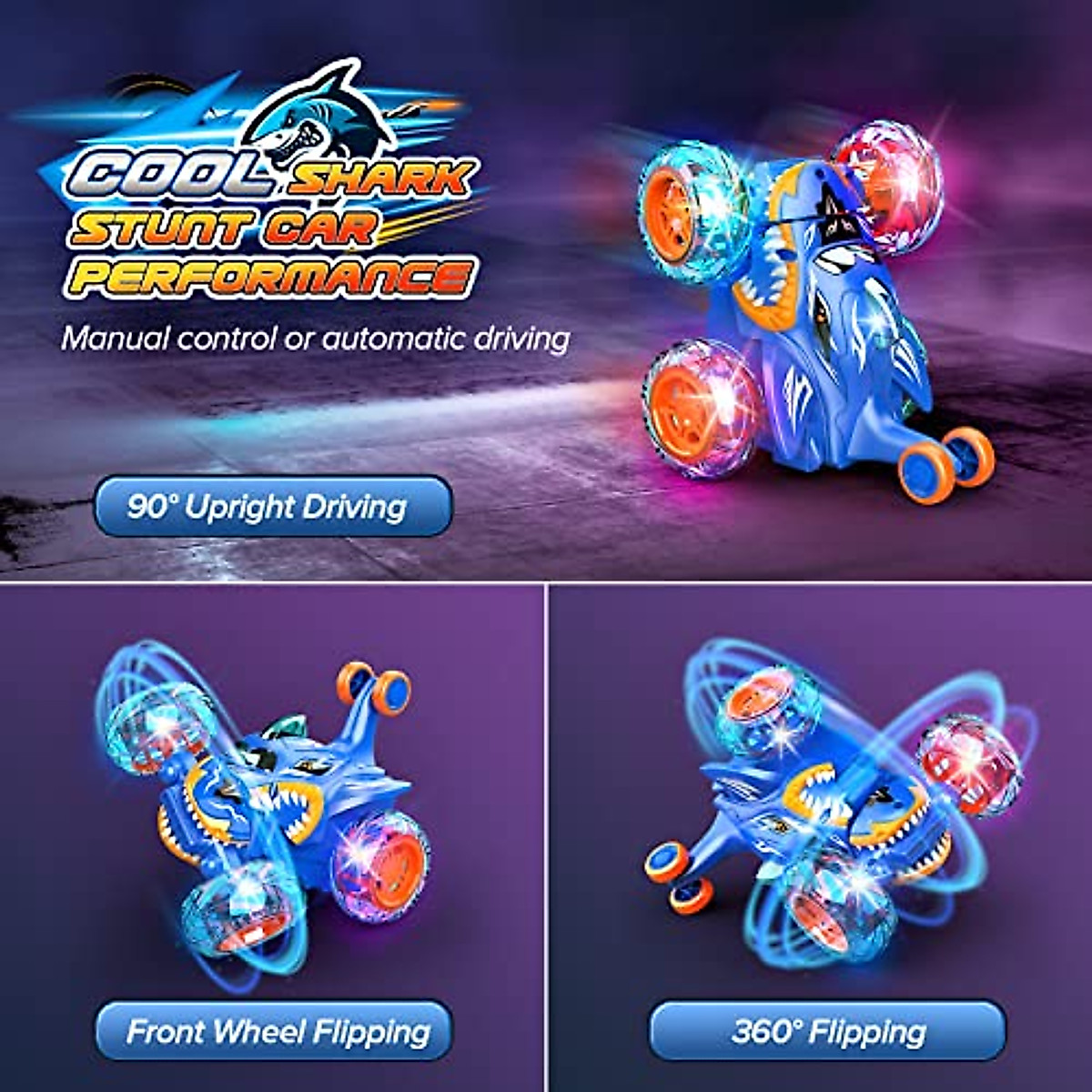 LET'S GO! RC Car Toys for Boys 3+: Shark Remote Control Stunt Cars for 4 5 6 7 8 Year Old Boy Gift 360° Rolling Twister with Lights Outdoor Toy Birthday Gifts for Kids Age 4-8 Toddler Monster Truck