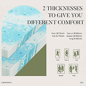 Emerspring Mattress Topper Full, 3 Inch Thick Memory Foam Gel Infused Cooling Toppers Pad for Full Size Bed, Sleeper Sofa, RV, Camper, CertiPUR US Certified, Ventilated and Breathable, Blue, Full