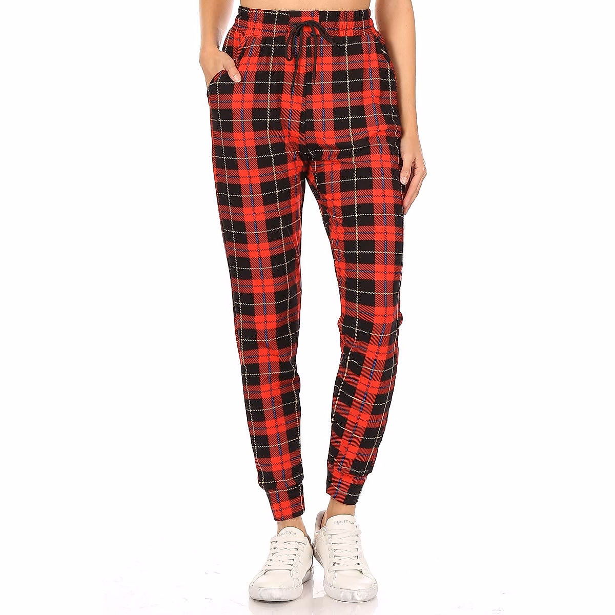 Leggings Depot JGA-S650-XL Holiday Plaid Print Jogger Track Pants w/Pockets, X-Large