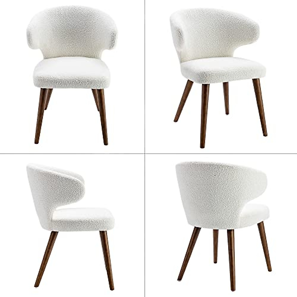 HNY Mid Century Modern Dining Chairs Set of 2, Upholstered Curved Wingback Accent Arm Chairs, Faux Sherpa Side Chairs with Solid Wood Legs, White