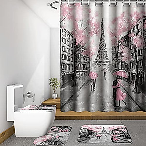 DIYCAM 4 Piece Eiffel Tower Pink Shower Curtain Set with Non-Slip Rugs, Toilet Lid Cover and Bath Mat, Shower Curtain with 12 Hooks, Durable Waterproof Bathroom Decor Set