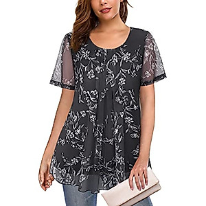SeSe Code Ladies Tops and Blouses Short Sleeve Tunic Tops for Women Loose fit Beach Shirts Dressy Tops for Women for Evening Party Fashion Tops Black White Floral L