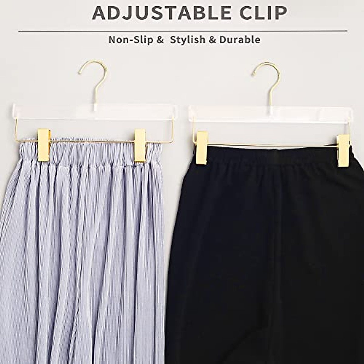 Besser 10Pack Gold Acrylic Hangers,Clear Hangers with Gold Hooks,Luxurious Skirt Pants Hangers Gold Clips for Clothing Closet Storage