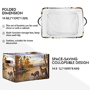 Rectangular Storage Bin Cube Forest Animal Deer Tree River Foldable Organizer Basket with Handles, Collapsible Storage Box for Kids Toy Shelf Closet Nursery
