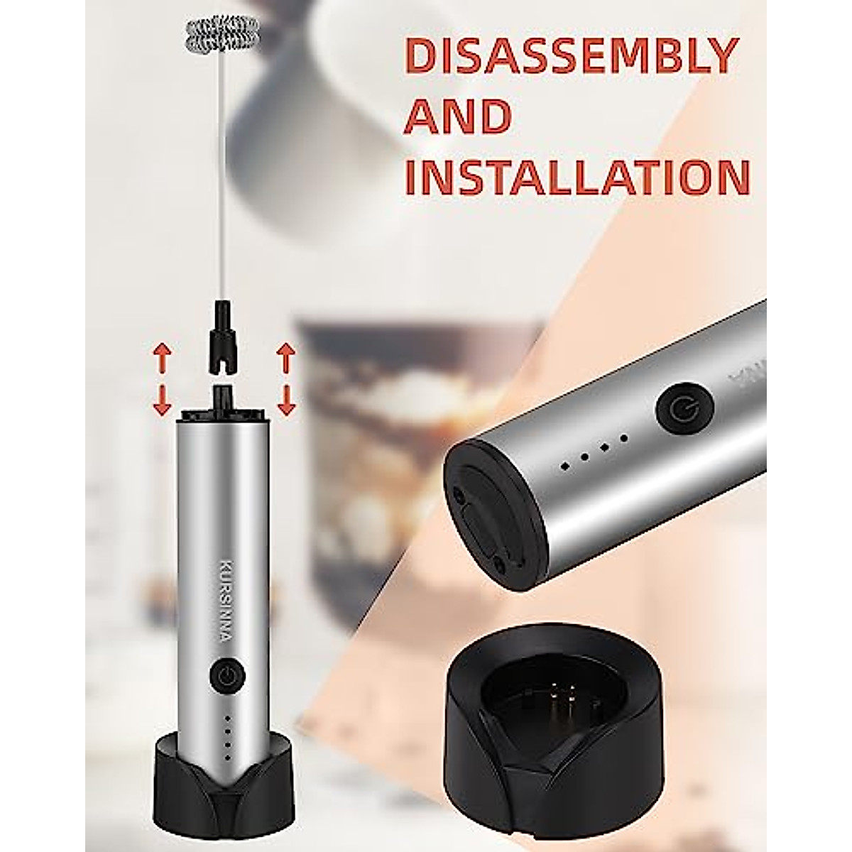 KURSINNA Electric Rechargeable Milk Frother Handheld, USB-Charge Hand Frother with 2 Stainless Whisks, Manual Foam Maker for Coffee Lattes, Matcha, Cappuccino (3 Speed with USB Charge)