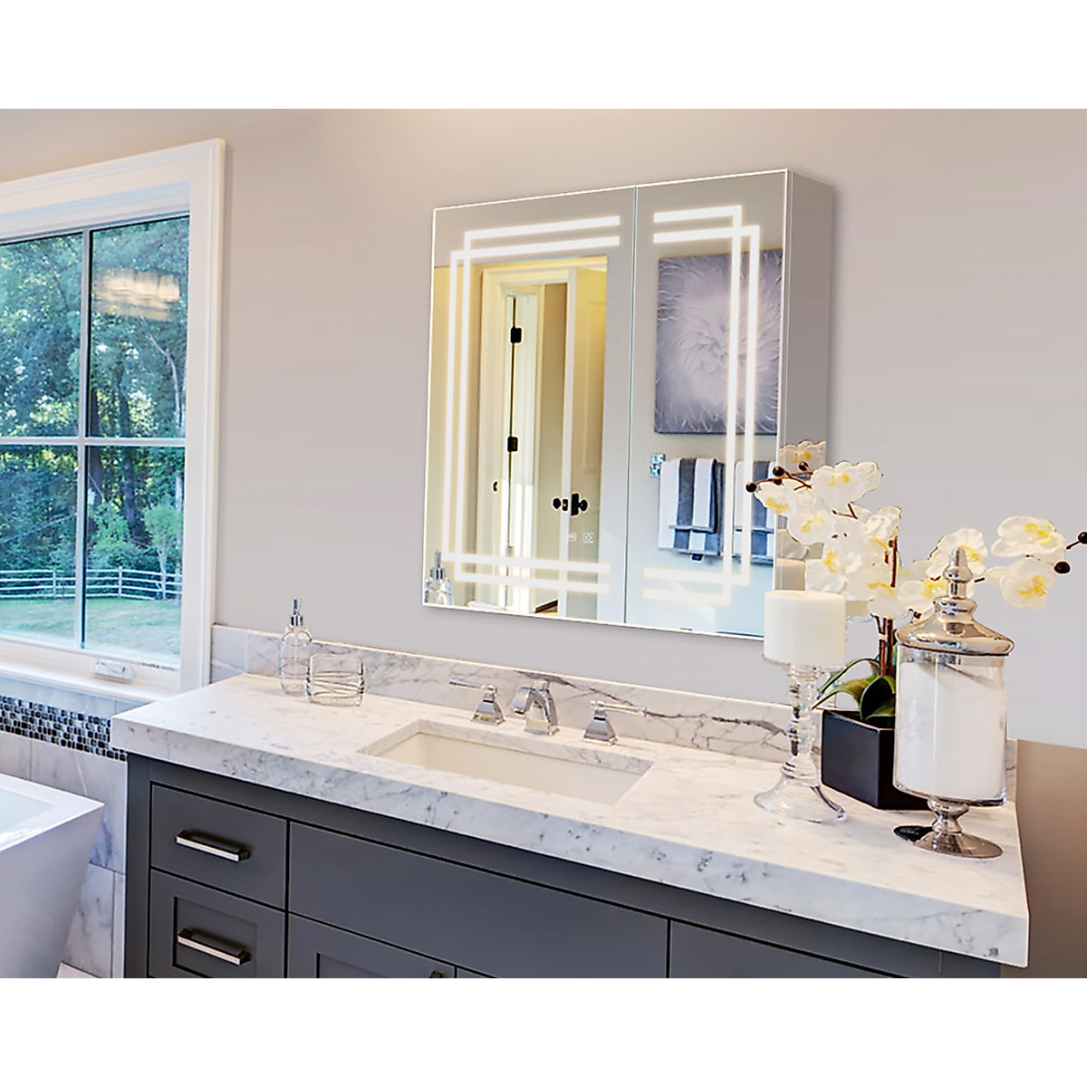 Chende 30" H x 32" W Bathroom Medicine Cabinet Mirror and Lights, Lighted Medicine Cabinet with 2 Sockets and Inside Lights, Stainless Steel LED Cabinet