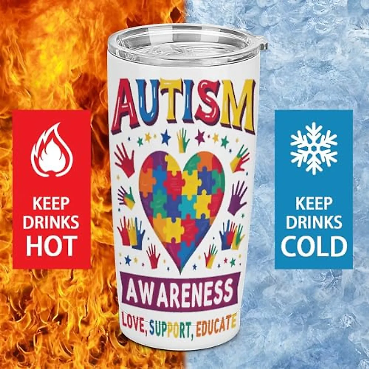 Autism Awareness Heart 20 OZ Stainless Steel Tumbler Travel Car Coffee Mug with Straw Lid Cleaning Brush Coffee Tumbler Mug for Women Men