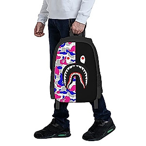 AIRPO Fashion Shark Backpacks Bright Navy Pink Camouflage Large Capacity Laptop Daypack Lightweight Backpack Travel Hiking Bag For Women Men