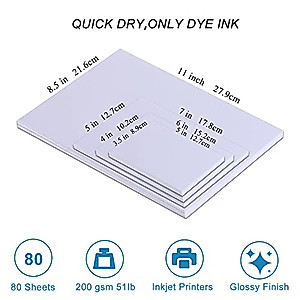 ESHANG Photo Paper for Printer Picture Printer Paper Glossy White Photographic Paper Photo Quality Printer Paper Variety Package (80 Sheets,3.5 x 5 Inch, 4 x 6 Inch, 5 x 7 Inch, 8.5 x 11 Inch) 200gsm