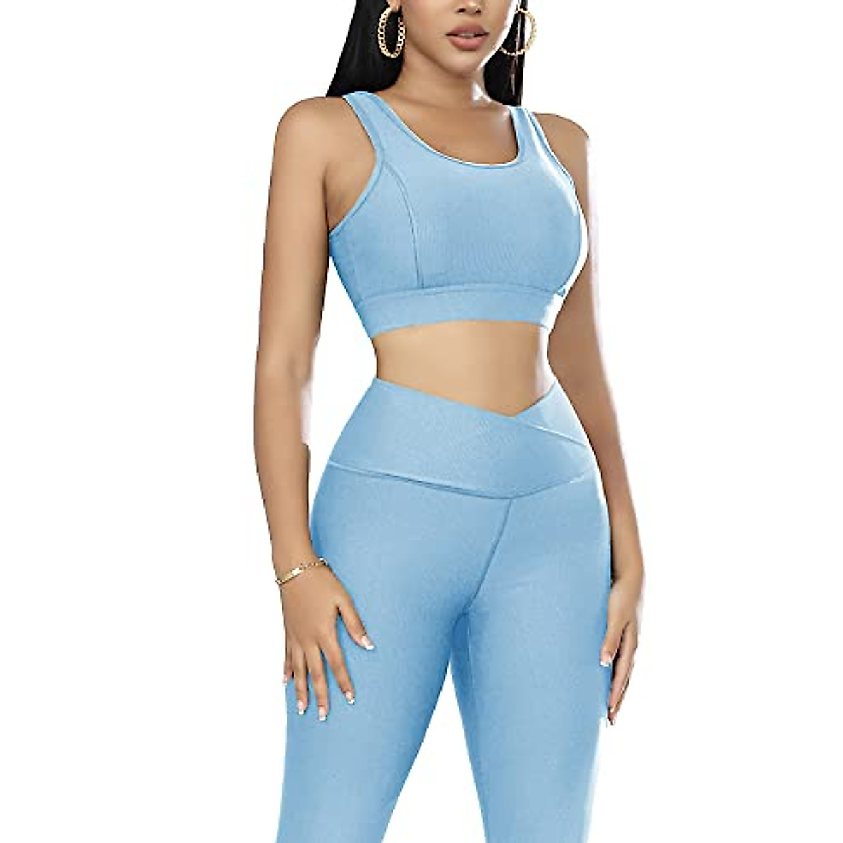LAOARA Workout Sets for Women Ribbed Seamless Tank Crop Top and High Waist Sports Gym Workout Running Pants SetBlueM