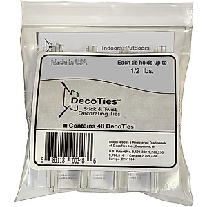 DecoTies Brand Fasteners, Stick & Twist Decorating Ties for Hanging Light Strings, Garlands, Streamers, Light Curtains, Vines, Lightweight Decorations on Various Surfaces, Removable, Clear Ties (48)