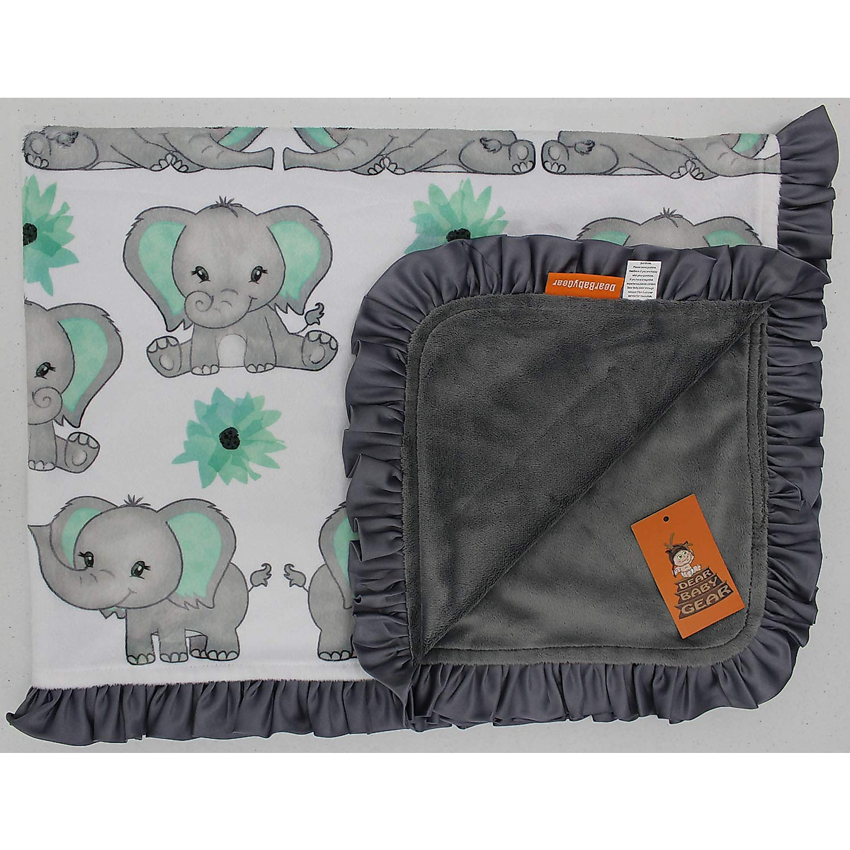 Dear Baby Gear Elephant Baby Blanket - Double Layer Infant Blanket - Toddler Blankets for Boys and Girls - Gray and Mint Elephant Calf with Flowers, Gray Ruffles - 43" x 33"
