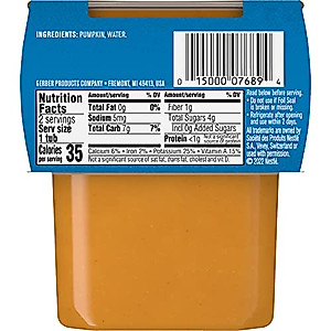 Gerber Natural for Baby 2nd Foods Baby Food Tubs, Pumpkin, Non-GMO Pureed Baby Food for Sitters, Made with Real Fruit, 2 - 4 Ounce Tubs Per Pack (Pack of 4)
