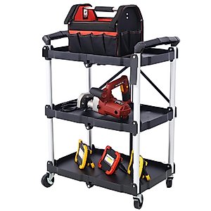 3 Tier Portable Folding Utility Rolling Tool Cart, Foldable Service Carts with Wheels, 3 Shelf Collapsible Cart with 150LBS Capacity for Office/Warehouse/Home