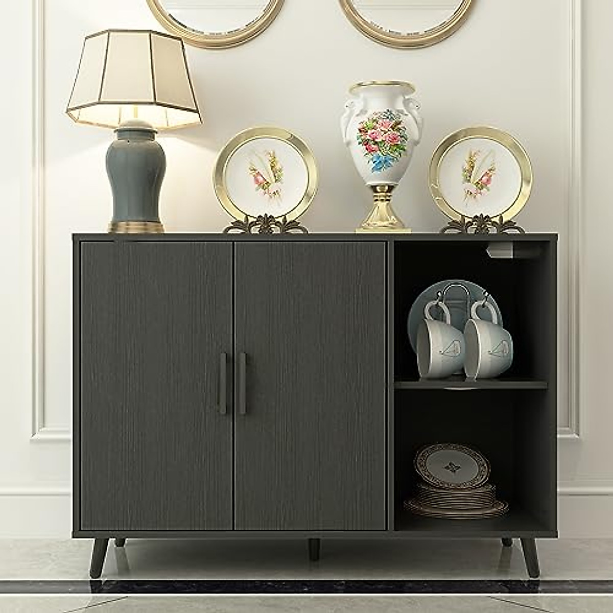 Gyger Kitchen Sideboard with 2 Door 2 Shelves,Black Buffet Cabinet with Storage for Dinning Room Living Room