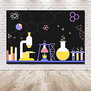 MEHOFOND 7x5ft Science Party Decorations Photo Studio Background Birthday Party Decor Banner Supplies Mad Science Fun Scientist Subject Black Backdrop School Poster for Photography