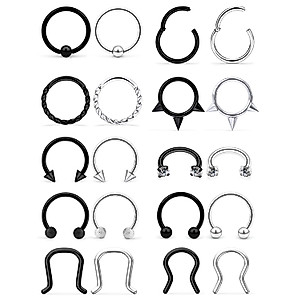 SCERRING 16G Septum Jewelry Stainless Steel Hinged Seamless Nose Hoop Ring Cartilage Daith Tragus Clicker Rings Retainer Body Piercing Jewelry 20PCS Silver & Black