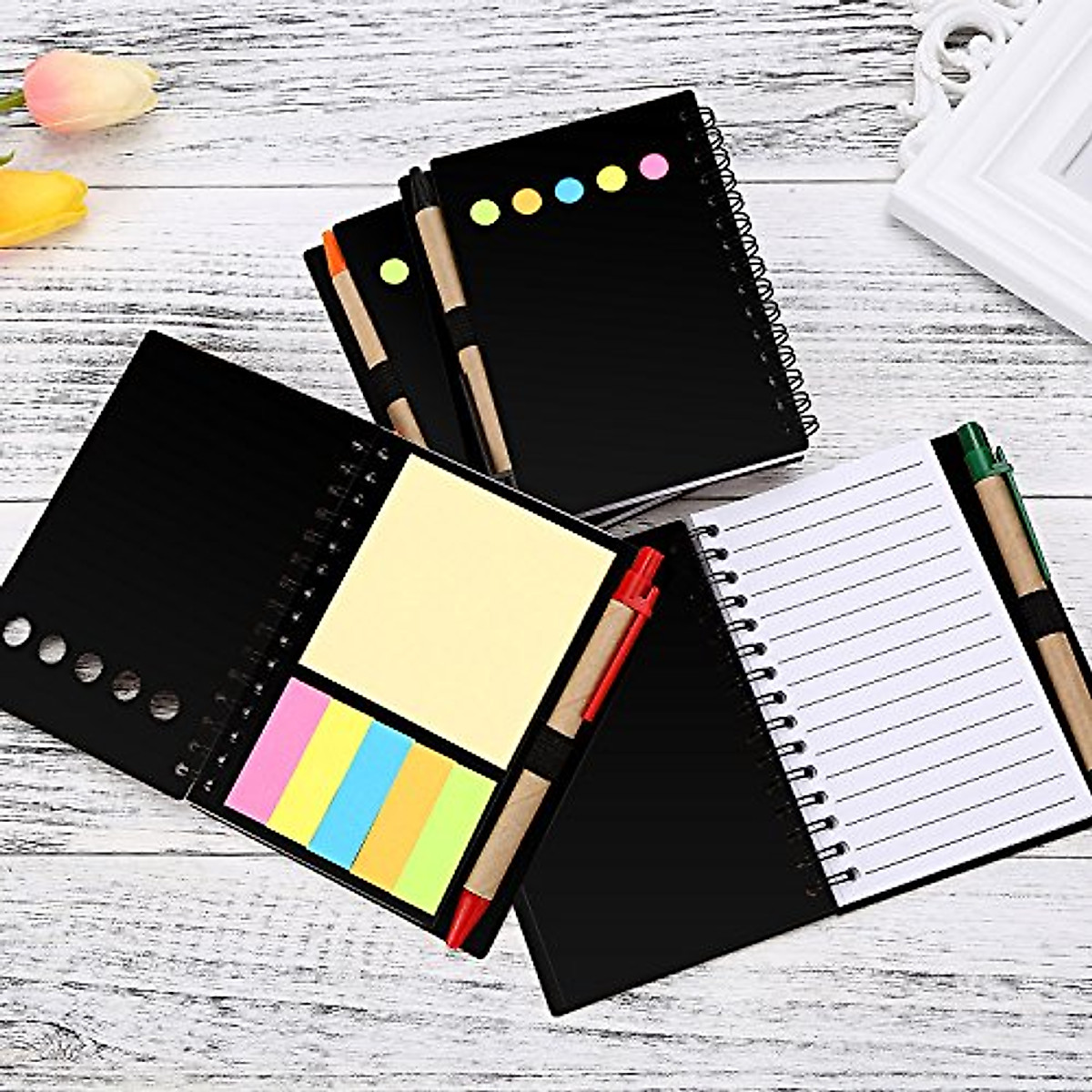TOODOO 4 Packs 4.5 by 5.5 inch Spiral Notebook Lined Notepad with Pen in Holder and Sticky Notes, Page Marker Colored Index Tabs Flags (Black Cover)
