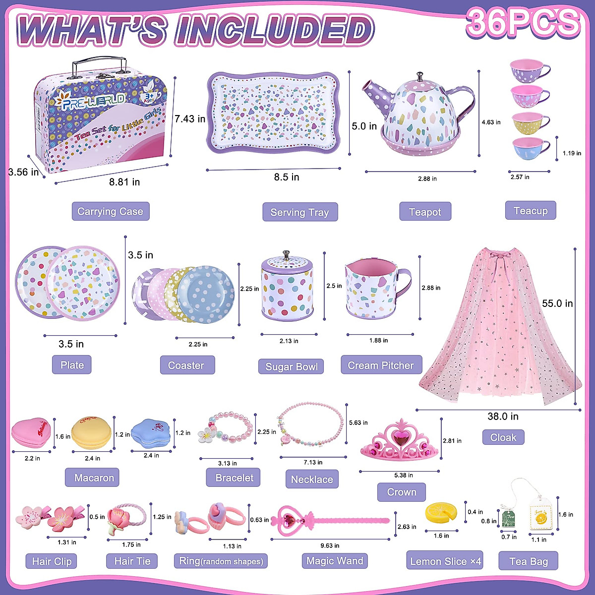 Tea Party Set for Little Girls,PRE-WORLD Princess Tea Time Toy with Food Sweet Treats Playsets,Dress Up Accessories Cloak Necklace Bracelet Jewelry Set, Kids Kitchen Pretend Play for Girls Age 3-6