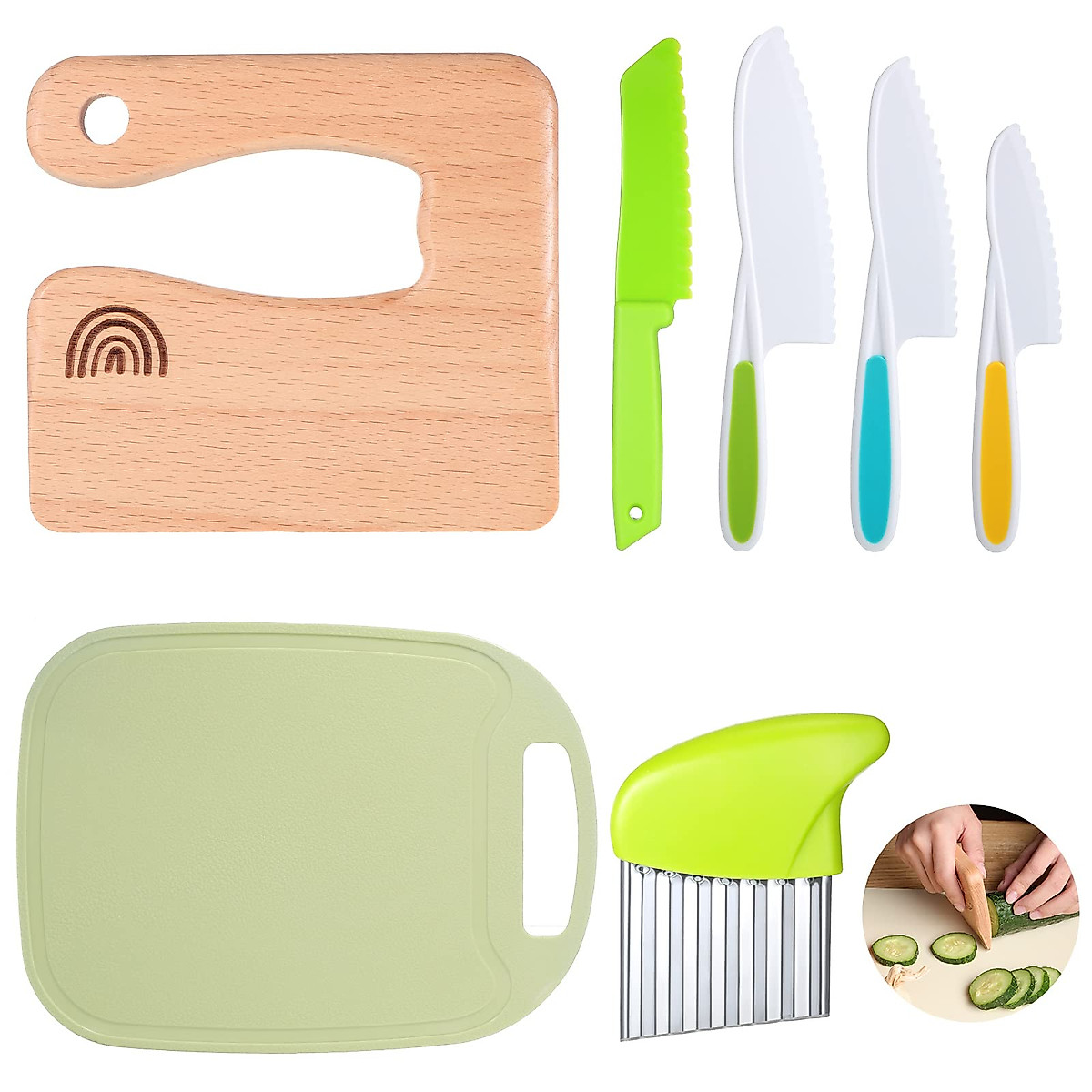 7 Pieces Wood Kids Kitchen Knife Toddler Knife Set Includes Wooden Kids Knife Serrated Edges Plastic Cooking Knives Green Cutting Board Vegetable Crinkle Cutter Cooking Utensils for Kids Home Supplies