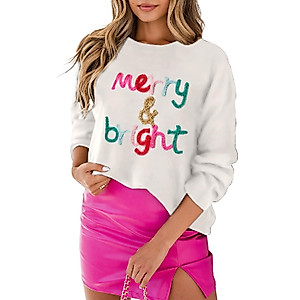Women's White Merry Bright Round Neck Casual Christmas Sweater Solid Slogan Long Sleeve Sweatshirt Pullover Tops