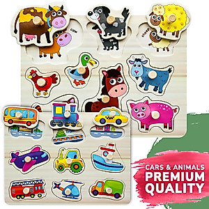 QUOKKA Wooden Puzzles for Toddlers Ages 1-3-5 in a Bag – Alphabet Learning Kids Puzzle 2-4 Year Old – Educational Wood Travel Toy with ABC Numbers Letters Animals – Gift Game for Boys and Girls