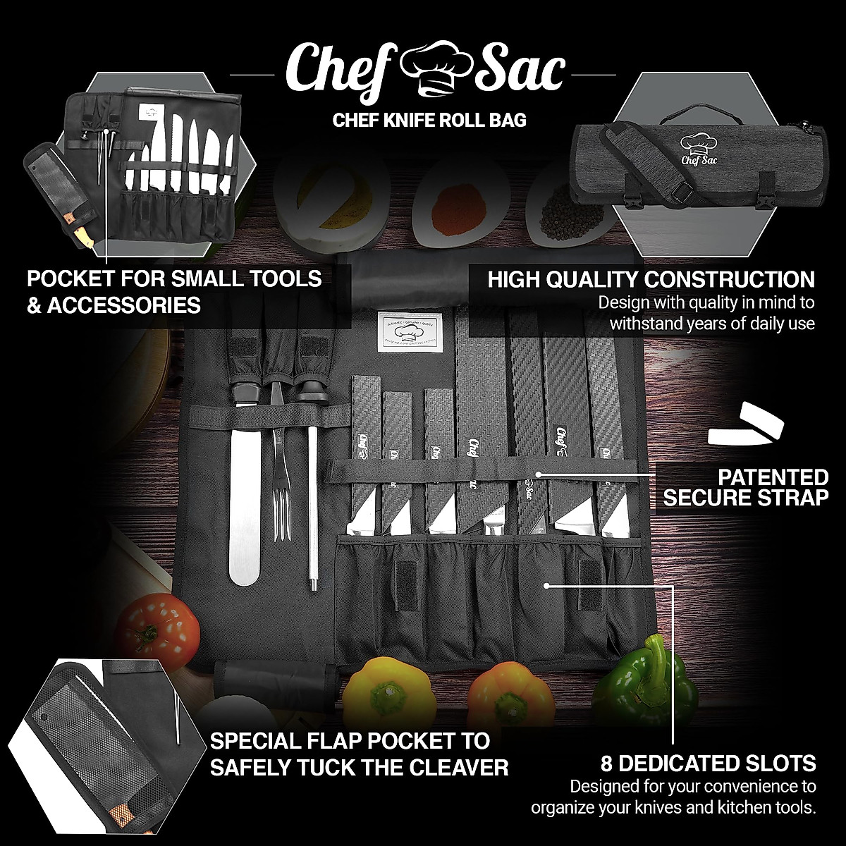 Chef Knife Roll Bag | 8+ Slots for Knives & Kitchen Tools | Water Resistant Knife Bag | Knife Carrying Case Only, Tools Not Included | Chef Knife Bag for Professional Chefs & Culinary Students (Blue)