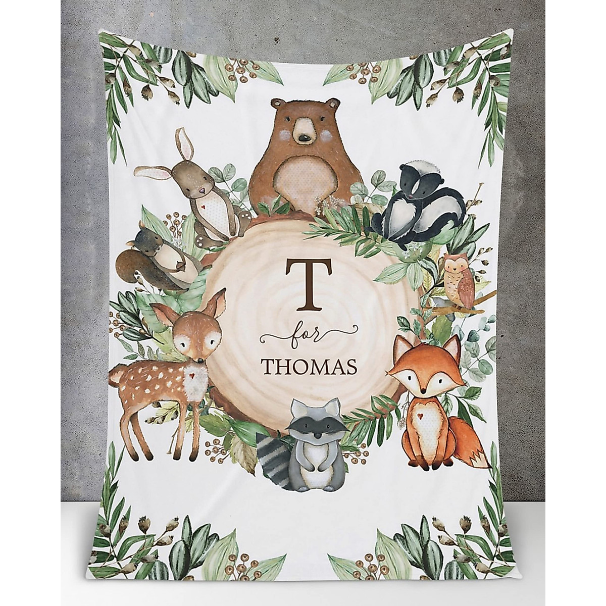 NAZENTI Woodland Blanket, Personalized Baby Girl Blanket, Rustic Botanical Woodland Baby Animals Monogram Baby Blanket, Baby Boy Blanket, (30x40, 50x60, 60x80 Inches)