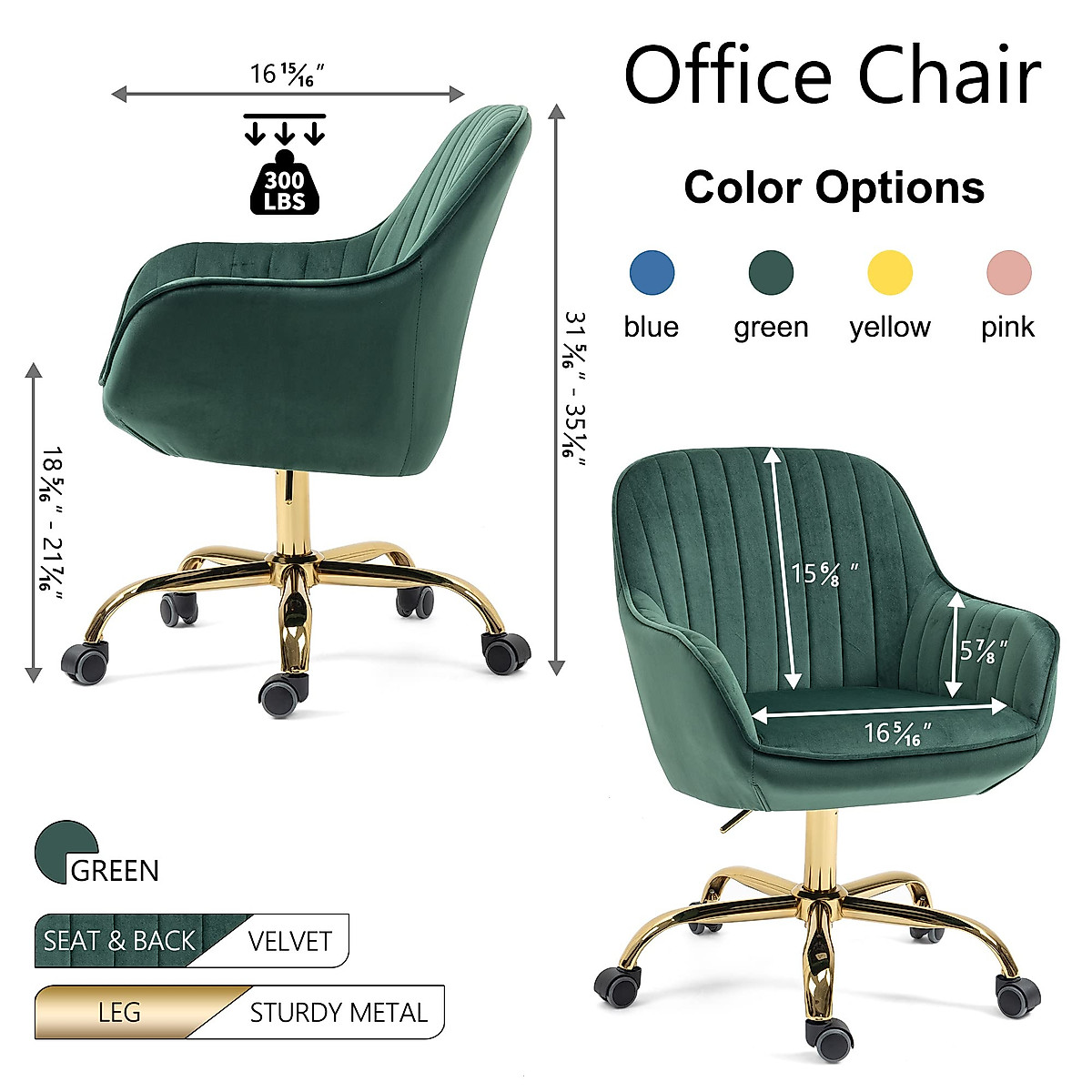 NORDICANA 360° Home Office Chair Ergonomic Task Chair, Swivel Desk Chair, Upholstered Velvet Computer Chair, Gold Metal Base, Dark Green
