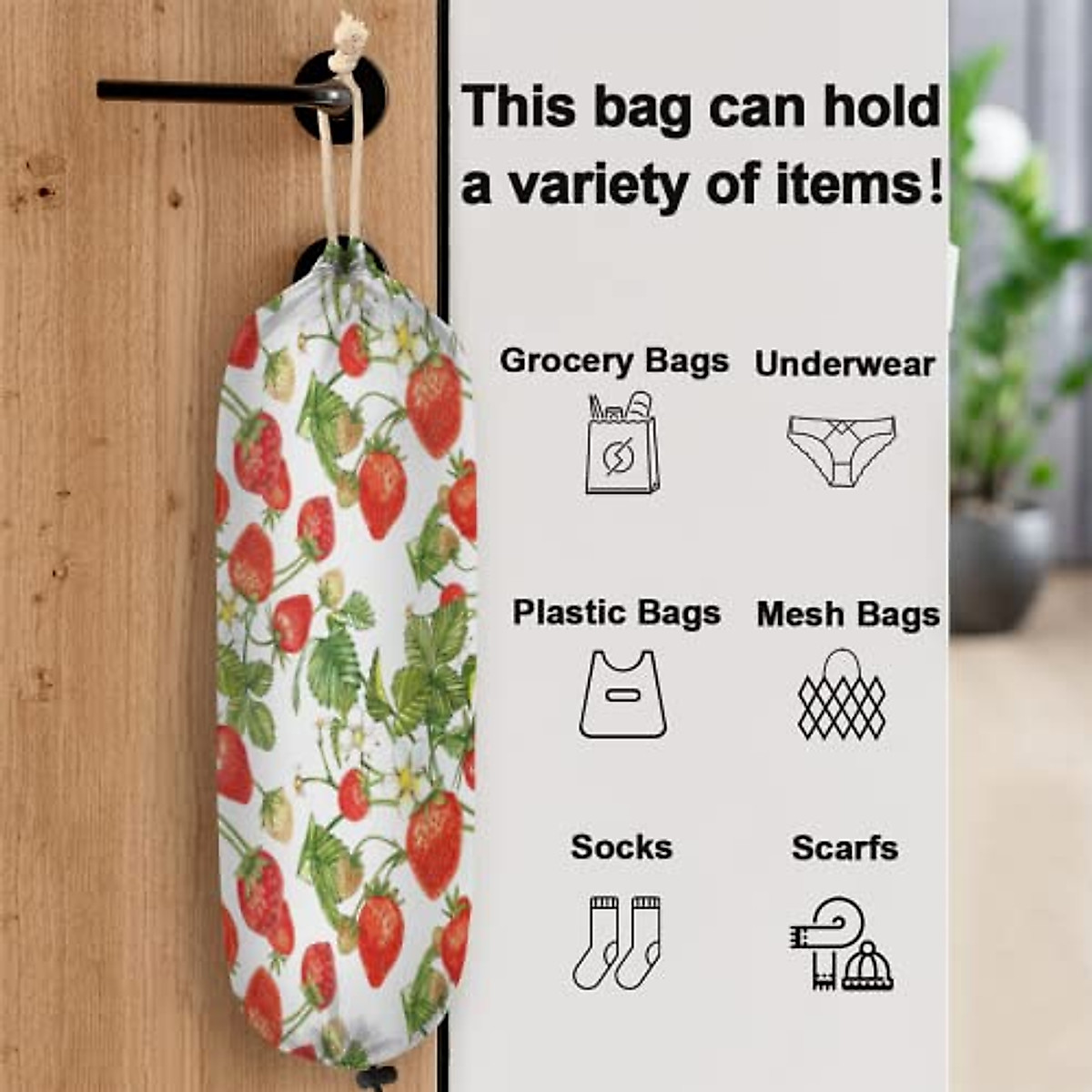 Strawberry Leaves Plastic Bag Holder, Strawberry Flowers Wall Mount Plastic Bag Organizer with Drawstring Grocery Shopping Bags Storage Dispenser for Home Kitchen Farmhouse Decor, 22X9 Inch