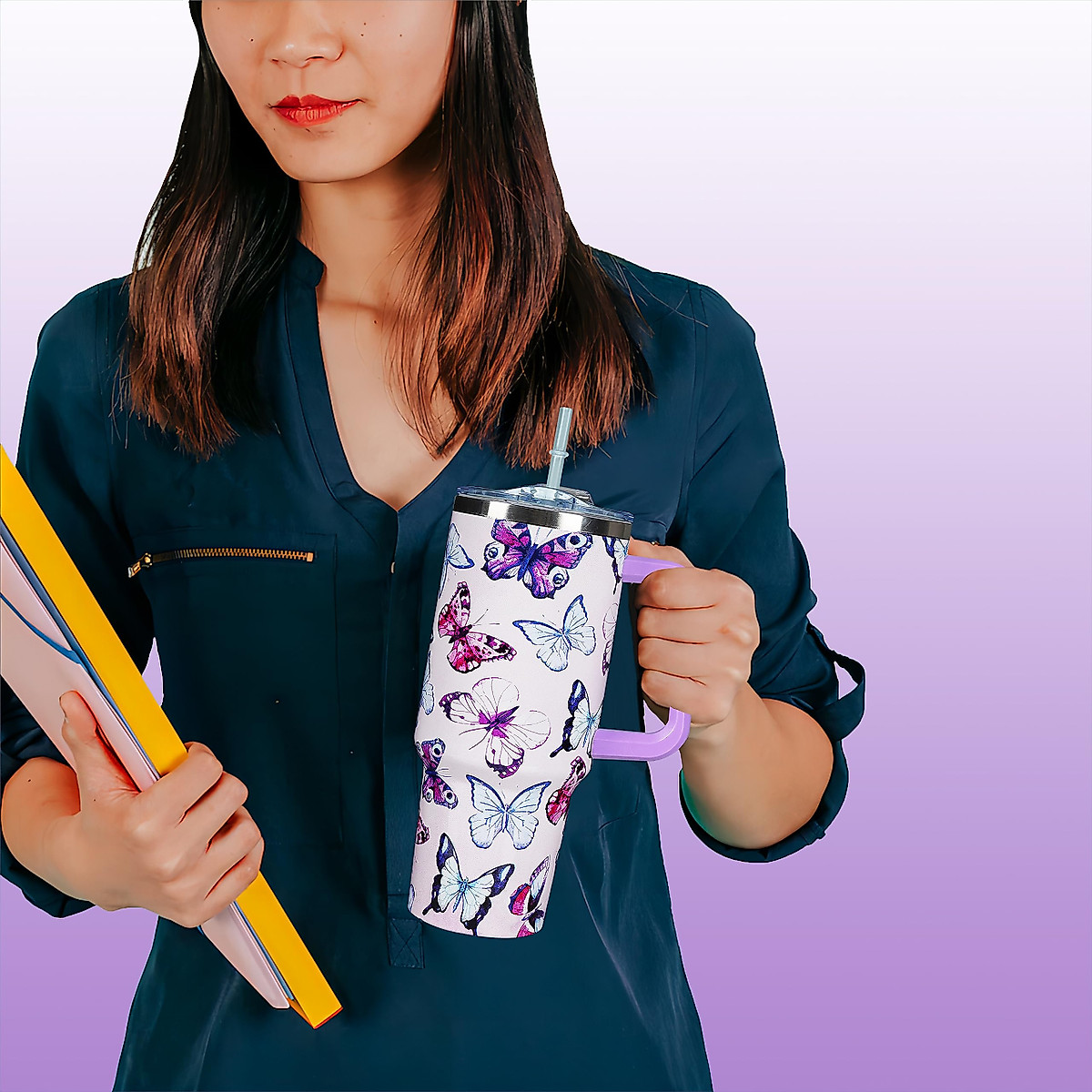 40 Oz Tumbler With Handle 40oz Purple Butterfly Tumbler With Lid Straw Double Insulated Travel Coffee Mug Butterfly Gifts For Women