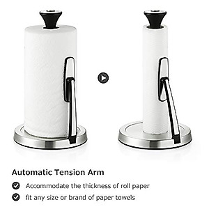 Paper Towel Holder, Lycklig Tension Arm Kitchen Roll Dispenser Stainless Steel Paper Towel Holder Stand with Weighted Base, Ideal for Kitchen & Dining Room
