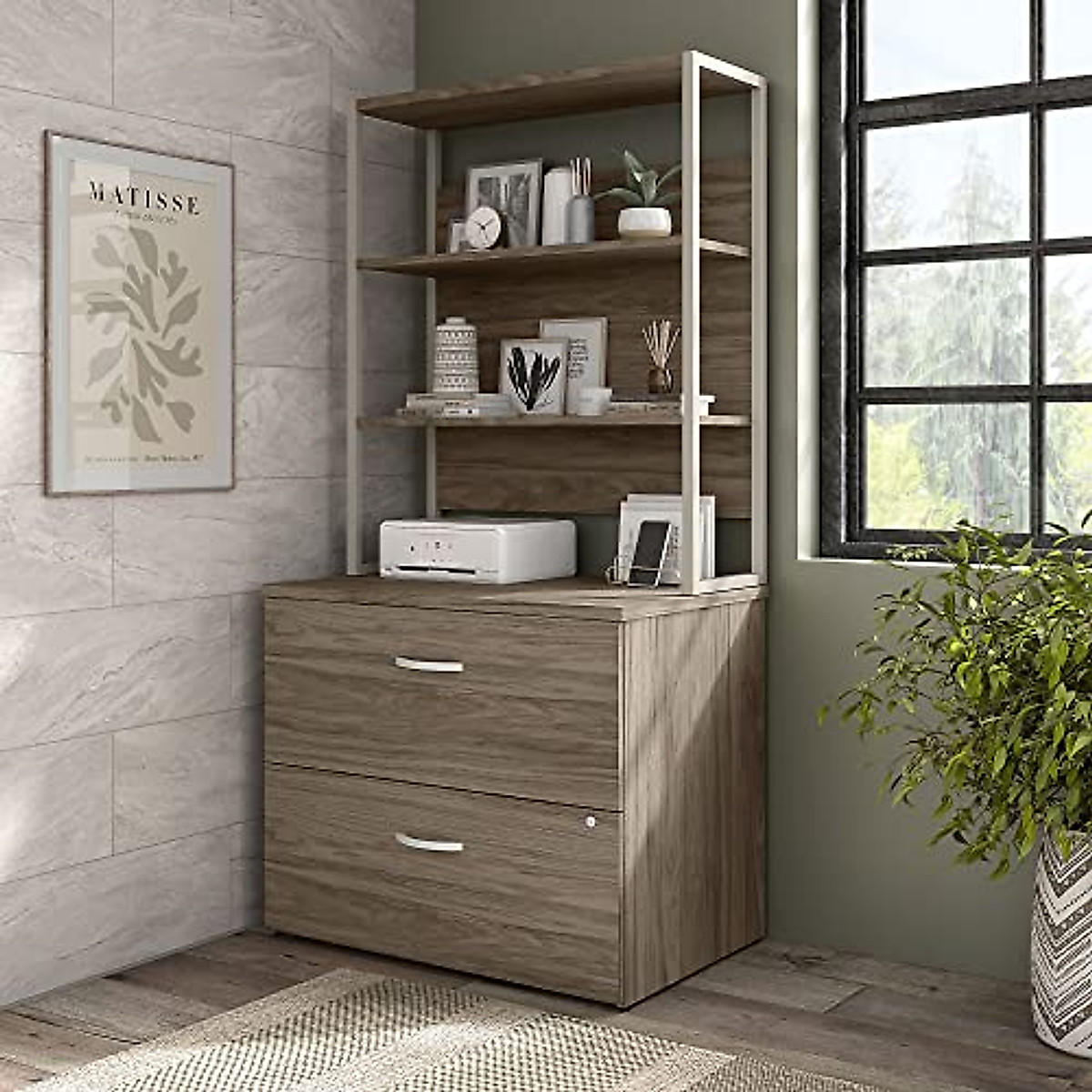 Bush Business Furniture Hybrid 2 Drawer Lateral File Cabinet with Shelves, Modern Hickory