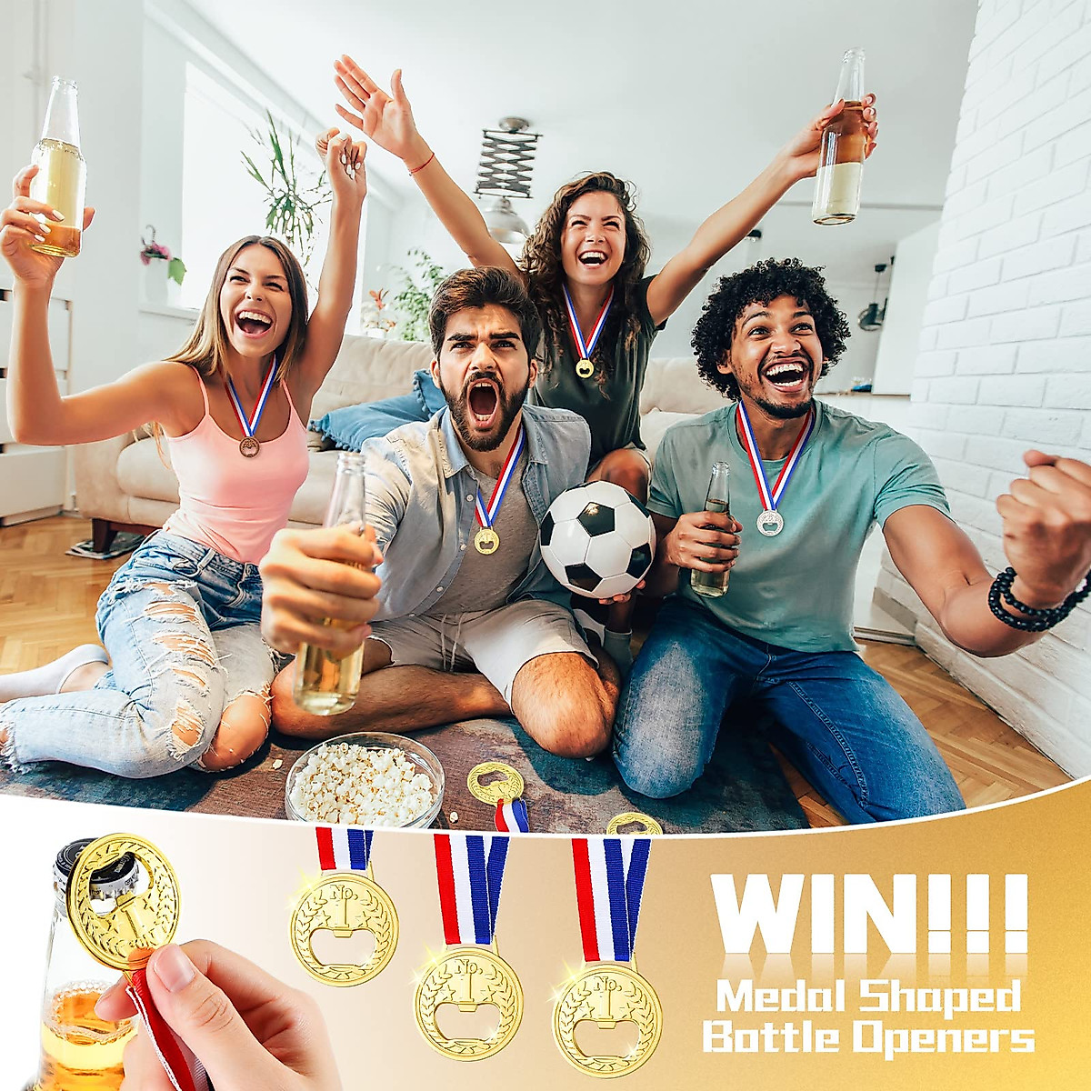 Honeydak Medal Shaped Flat Bottle Opener Winner Award Metal Wine Beer Opener Gold Silver Copper Medal Olympic Trophy Opener with Neck Ribbon for Bar Bartender Men Kitchen Restaurant Party (18 Pieces)