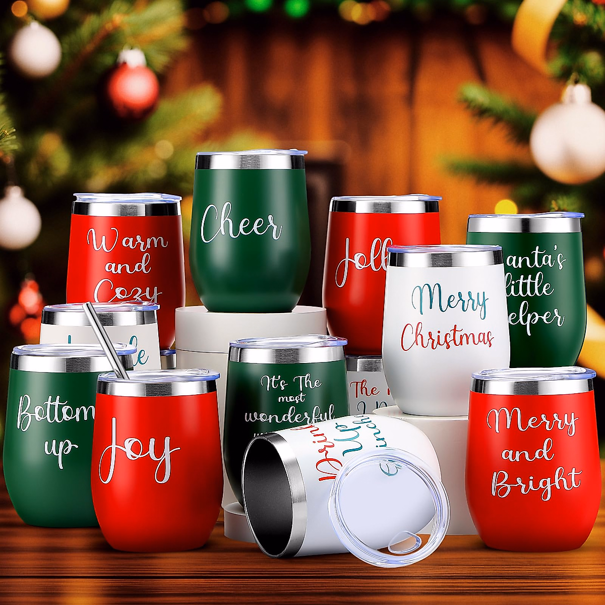 Ziliny 12 Pcs Christmas Wine Tumbler Set, 12 Oz Stainless Steel Double Wall Vacuum Insulated Coffee Mug Stemless Xmas Wine Glasses With Lid Straw Brushes for Women Friends Men Travel Gifts (Texts)