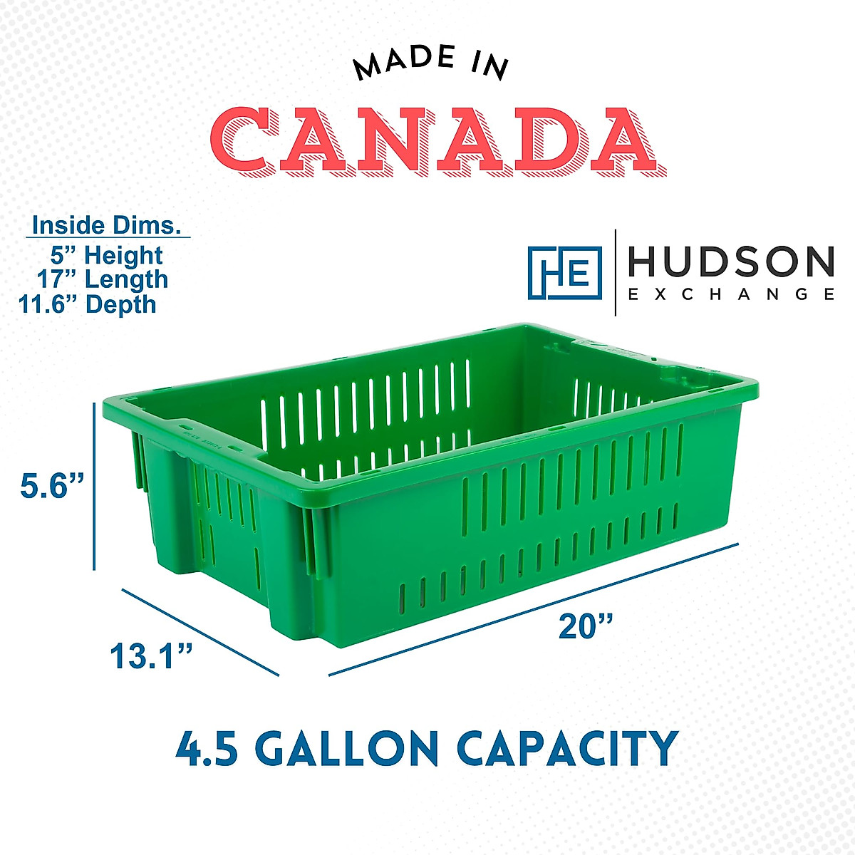 Hudson Exchange 20 x 13 x 5.6" (4.5 Gallon) Agricultural Nest and Stack Vented Crate Handled Storage Container Tote, Green (4 Pack)