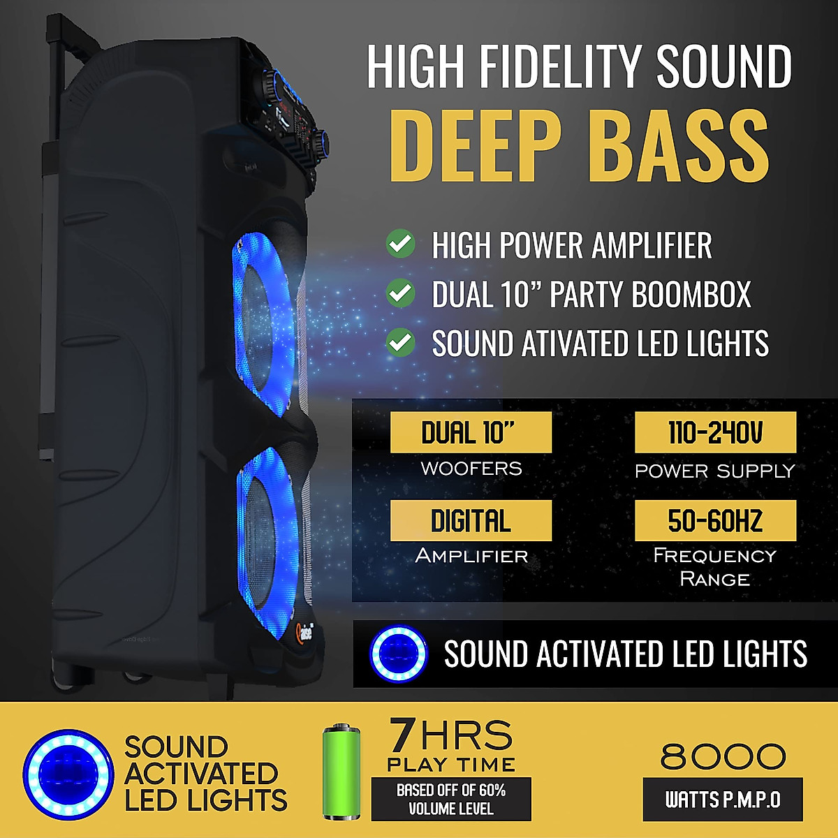 QAISE Portable PA System with Wireless Mic - Bluetooth Party Boombox Speaker & Karaoke Machine with Lights, Dual 10” Subwoofer, X-Bass & 8000 Watts Peak Power - SonicBoomer X-Dix