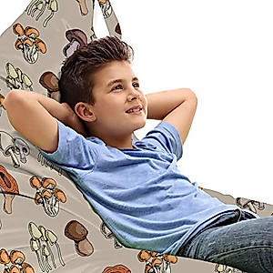 Ambesonne Mushroom Lounger Chair Bag, Botanical Theme Different Kind Forest Fungi Pattern Vegetable Food, High Capacity Storage with Handle Container, Lounger Size, Pale Tan and Multicolor