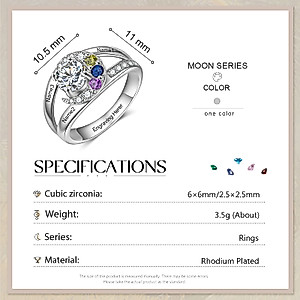 Gemsbe Custom Moon Statement Grandma Ring Personalized Promise Rings for Her Engraved Names Anniversary Ring for Women (3 stones)