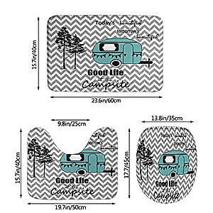 WONDERTIFY Camper Rv Bathroom Antiskid Pad Trailer Travel Tree Chevron Zig-Zag Stripes Camping Happy Camp 3 Pieces Bathroom Rugs Set, Bath Mat+Contour+Toilet Lid Cover