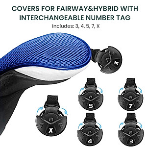 FINGER TEN Golf Club Head Covers Woods Driver Fairway Hybrid 3/4/5 Set, Headcovers Men 1 3 5 7 X Interchangeable Number Tag, Fit All Wood Clubs (5 Pack-Blue(1D+2F+2H))