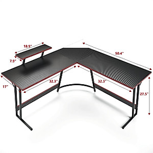 Shahoo L Shaped Gaming Desk, 51 Inch Computer Corner Table with Large Monitor Stand & Carbon Fiber Surface for Home Office Study Writing Workstation, Black