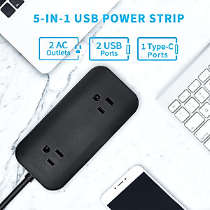 YIFENG Small Flat Plug Power Strip with USB Ports, Portable 2 Outlet Plug Strip with 5 Feet Extension Cord, Mini Desktop Charging Station Hub for Dorm Room Cruise Travel Essentials