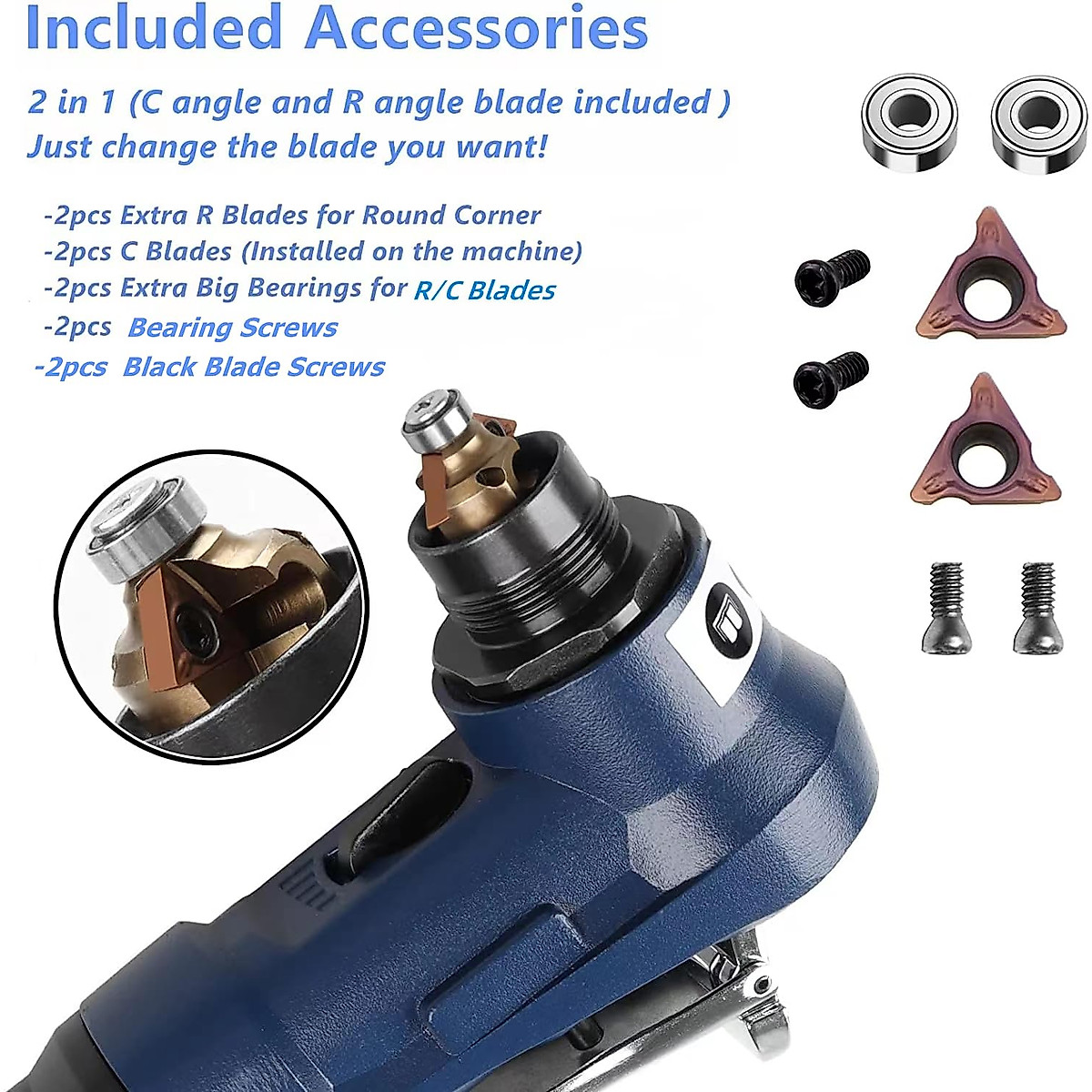 2 in 1 Mini Pneumatic Chamfering Machine,Air Chamfer Tool for Chamfering Metal Round Corner,45 degree Arc Corner Beveling Trimming Deburring Machine (Blue)