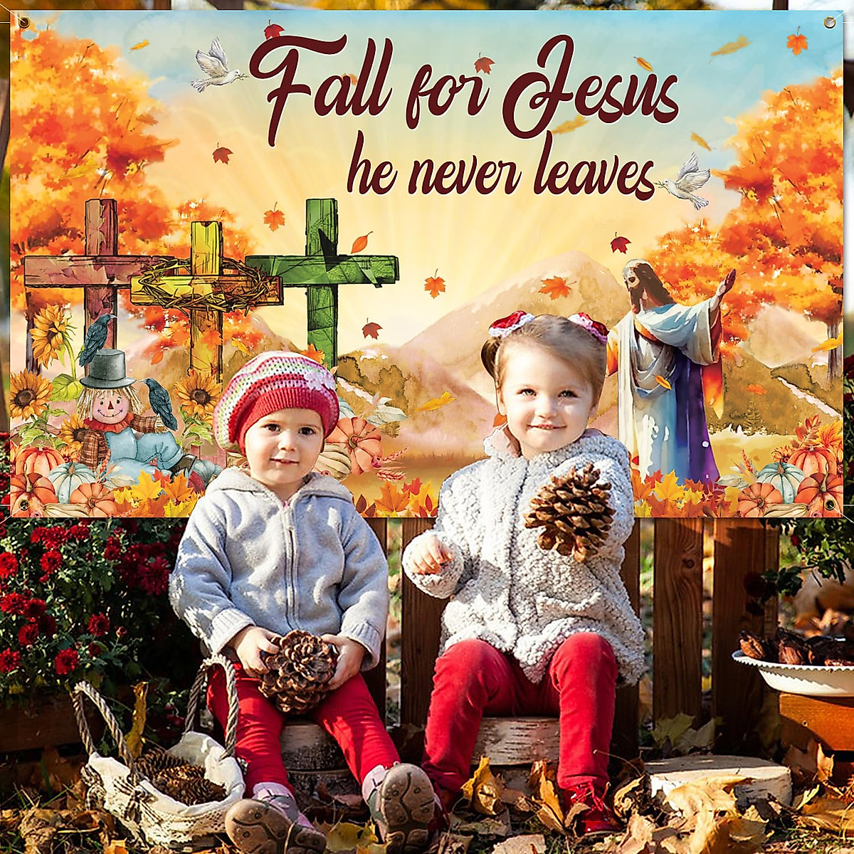 Fall for Jesus He Never Leaves Banner, Fall for Jesus He Never Leaves Decorations, Fall Banner for Christian Fall Decorations, Fall Festival Decorations-71"x44"