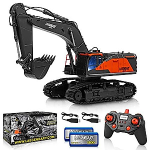 LAEGENDARY RC Excavator - Remote Control Excavator - Electric, Hobby-Grade Construction Vehicles - 1:14 Scale, Black - Red