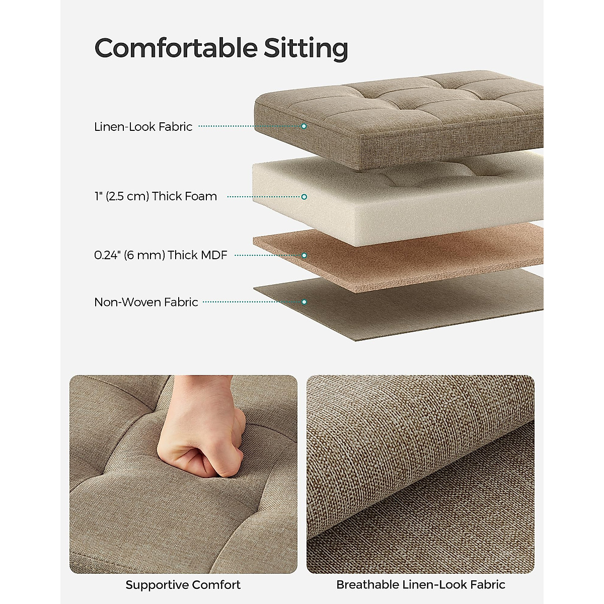 SONGMICS MAZIE Collection - Small Folding Storage Ottoman, Foot Rest Stool, 12.2 x 16.1 x 12.2 Inches, 286 lb Load Capacity, for Living Room, Bedroom, Home Office, Dorm, Light Taupe ULSF102K01