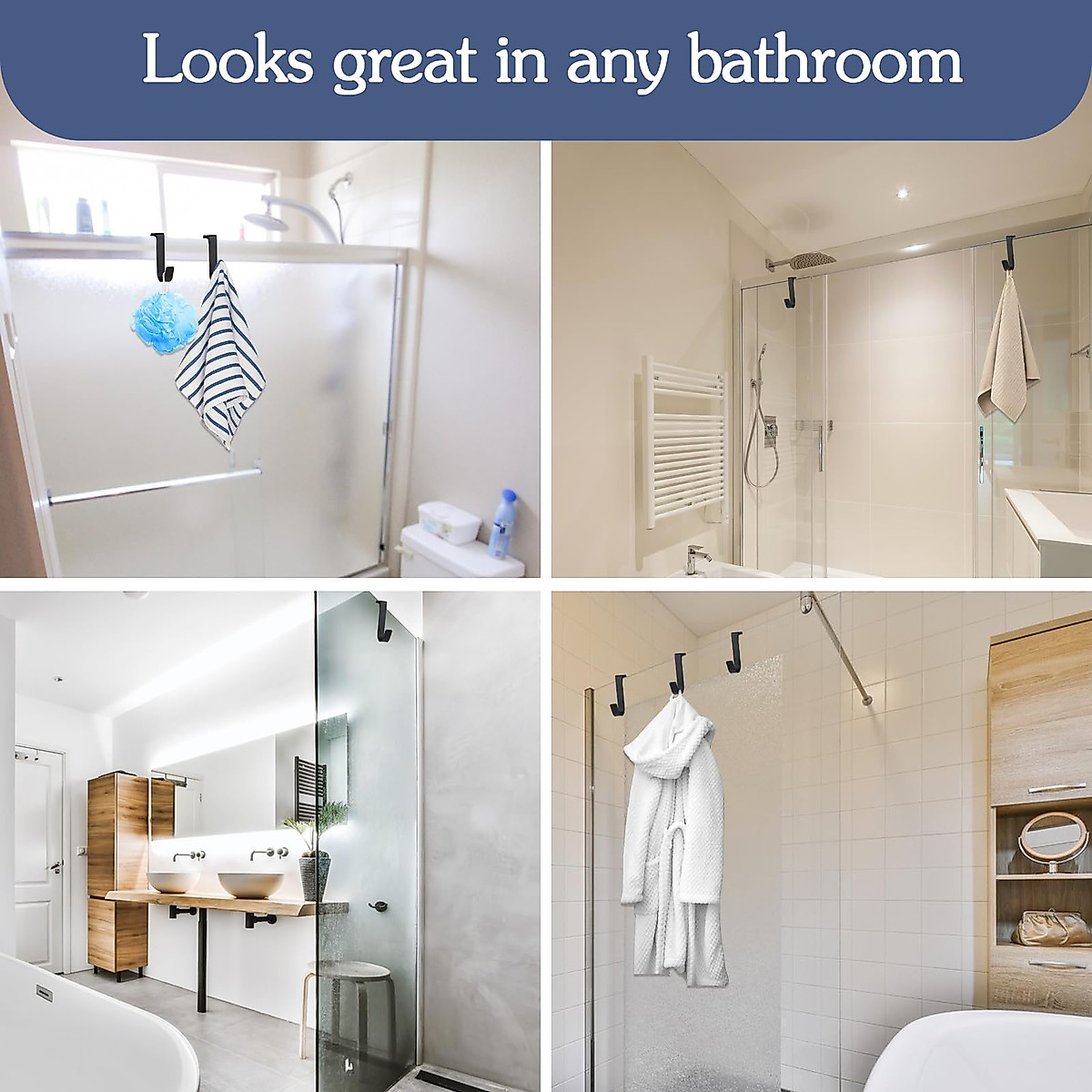 WLLHYF 5 Pack Towel Hook Stainless Steel Water Proof Over Shower Door Hook for Bathroom Frameless Glass Door 0.82in(2.1cm) Hanging Towels Robe Clothing Brush, Matte Black