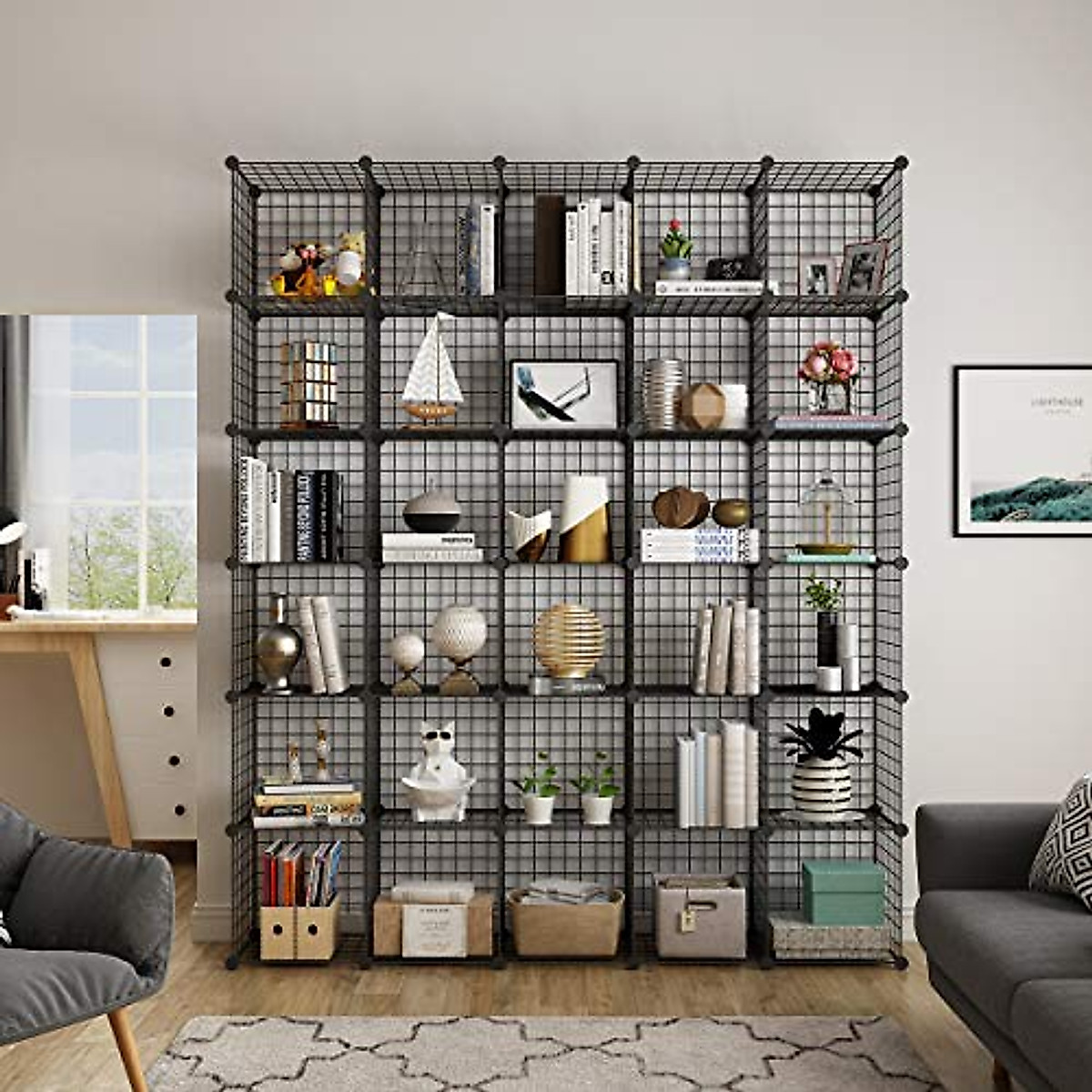 KOUSI 14"x14" Wire Cube Storage, Metal Grid Organizer, 30-Cube Modular Shelving Unit, Stackable Bookcase, Ideal for Living Room, Bedroom, Office